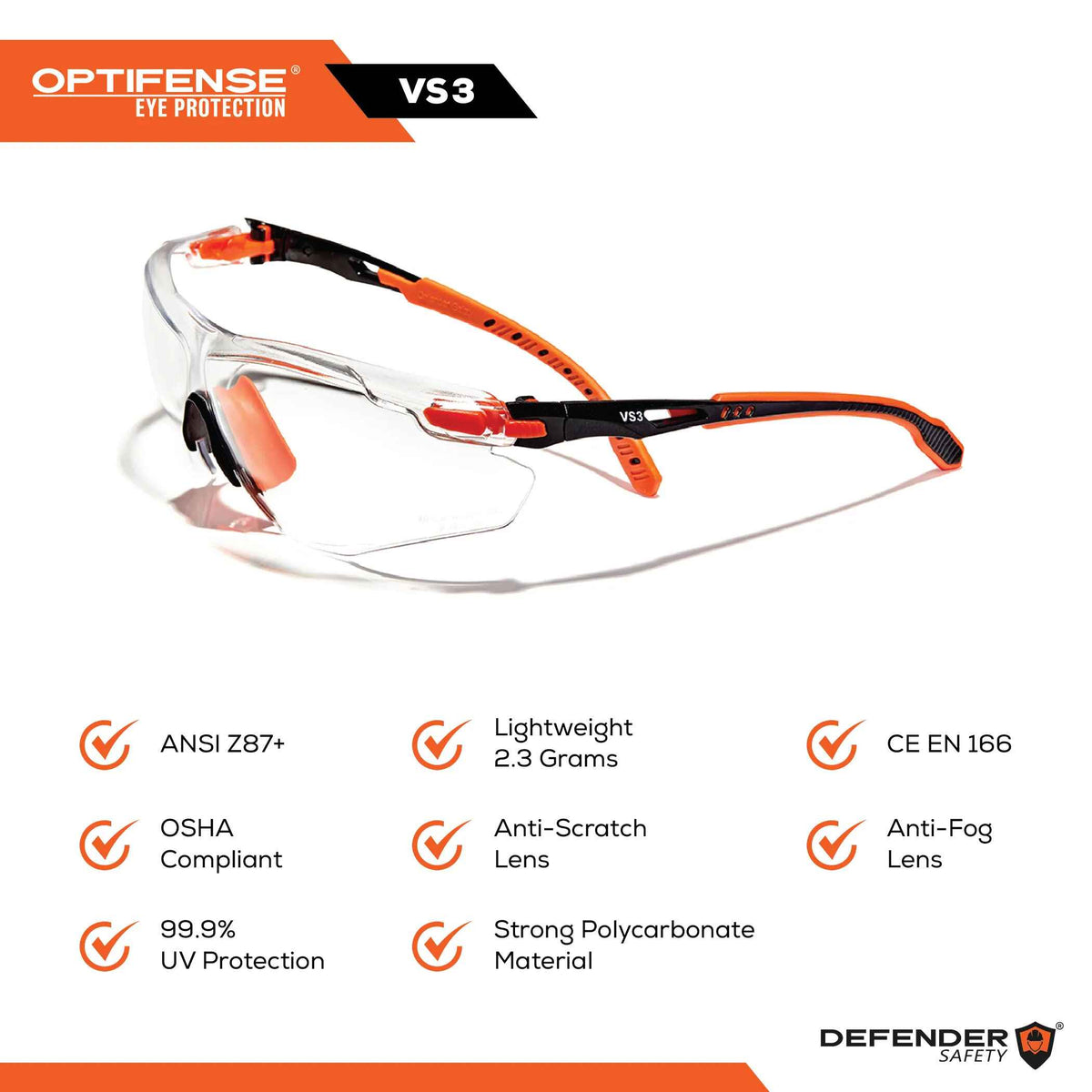 OPTIFENSE™ VS3 Anti Fog, Premium CLEAR Safety Glasses, ANSI Z87+